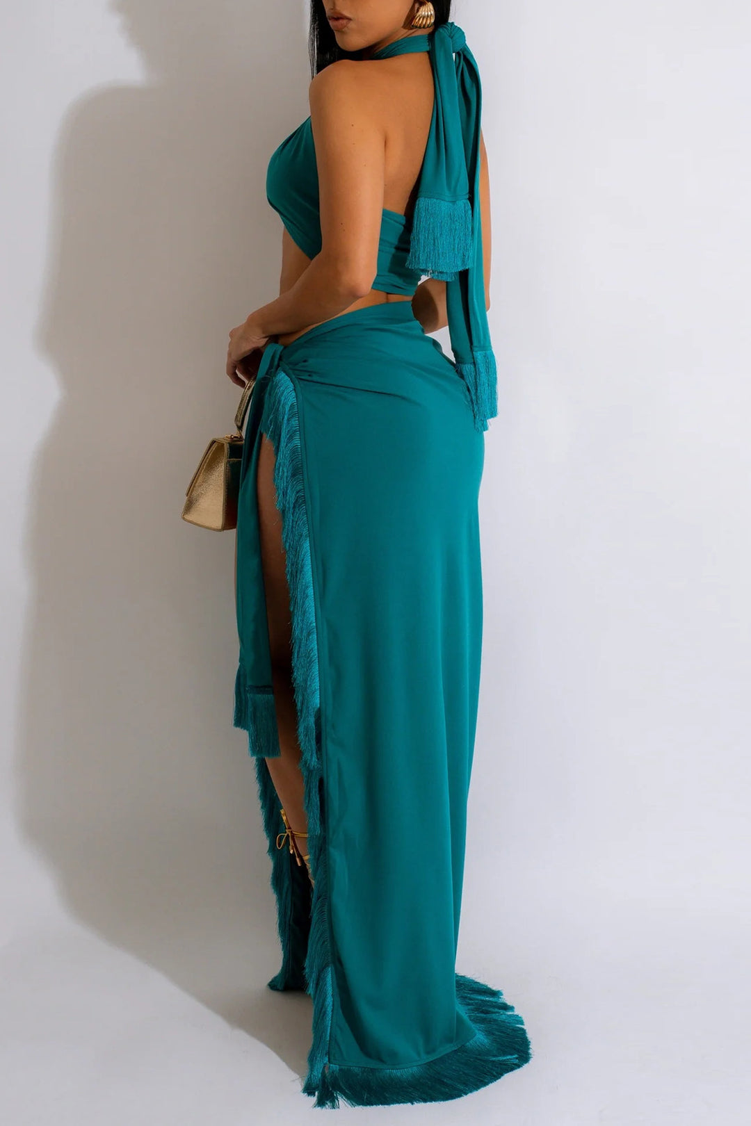 Cross Halter Knot Tassel Backless Tank Top And Split Maxi Skirt Set – Aesvs