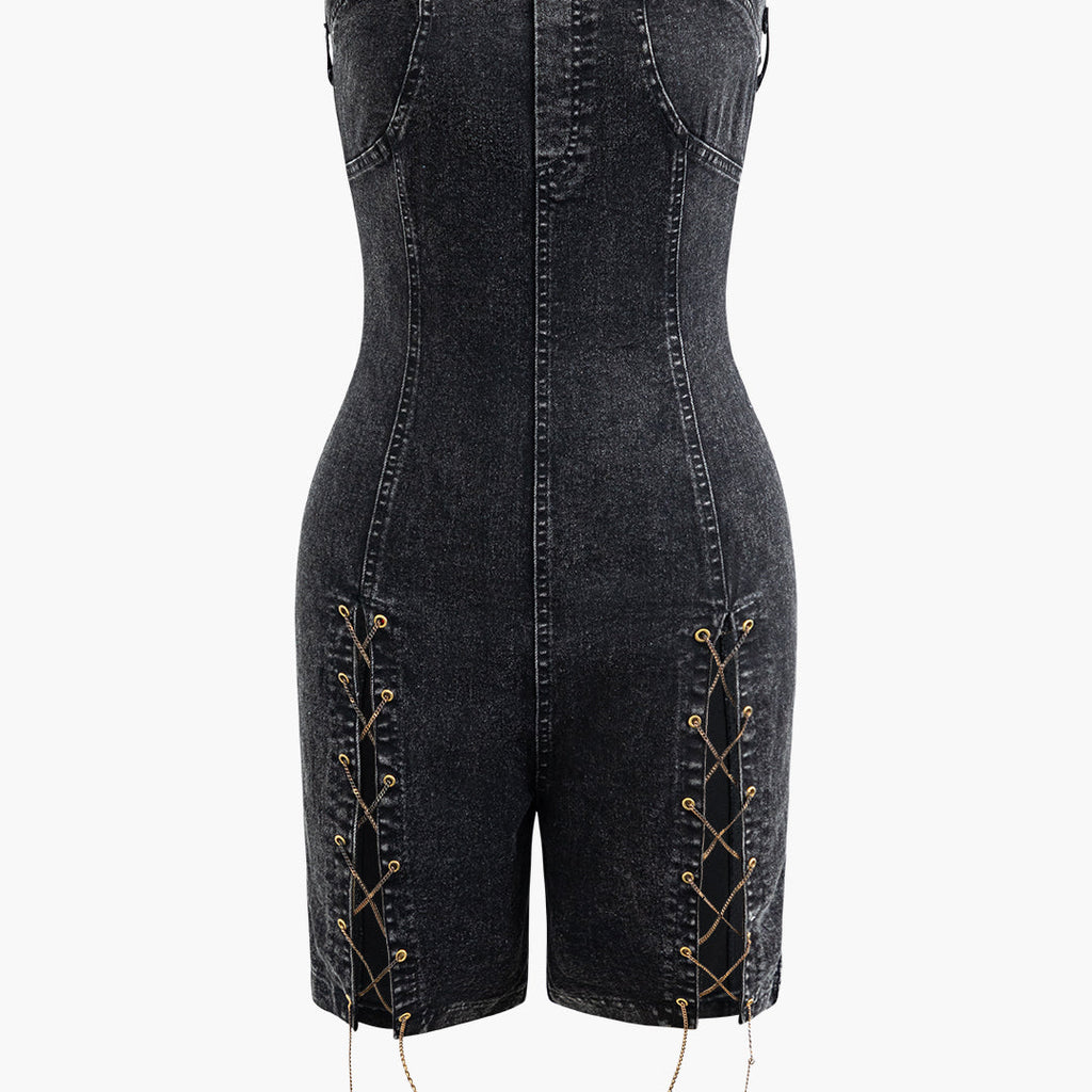 Chain Lace-up Denim Strapless Romper – Aesvs