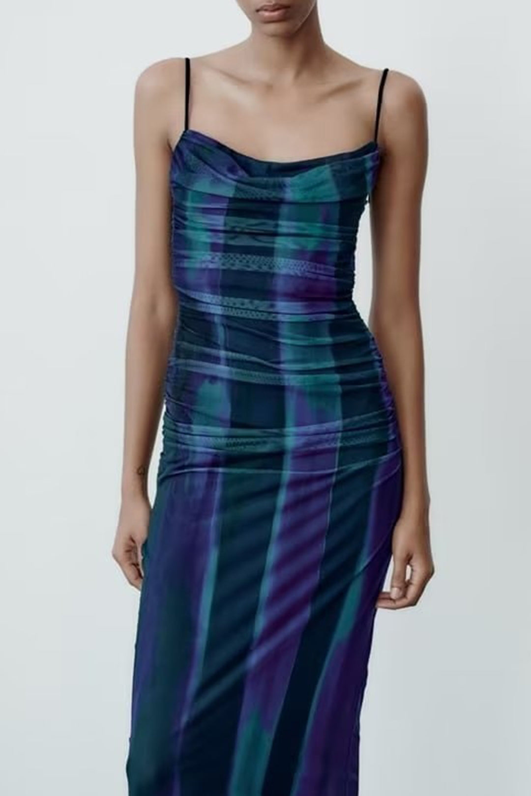 Abstract Print Mesh Ruched Cami Midi Dress – Aesvs