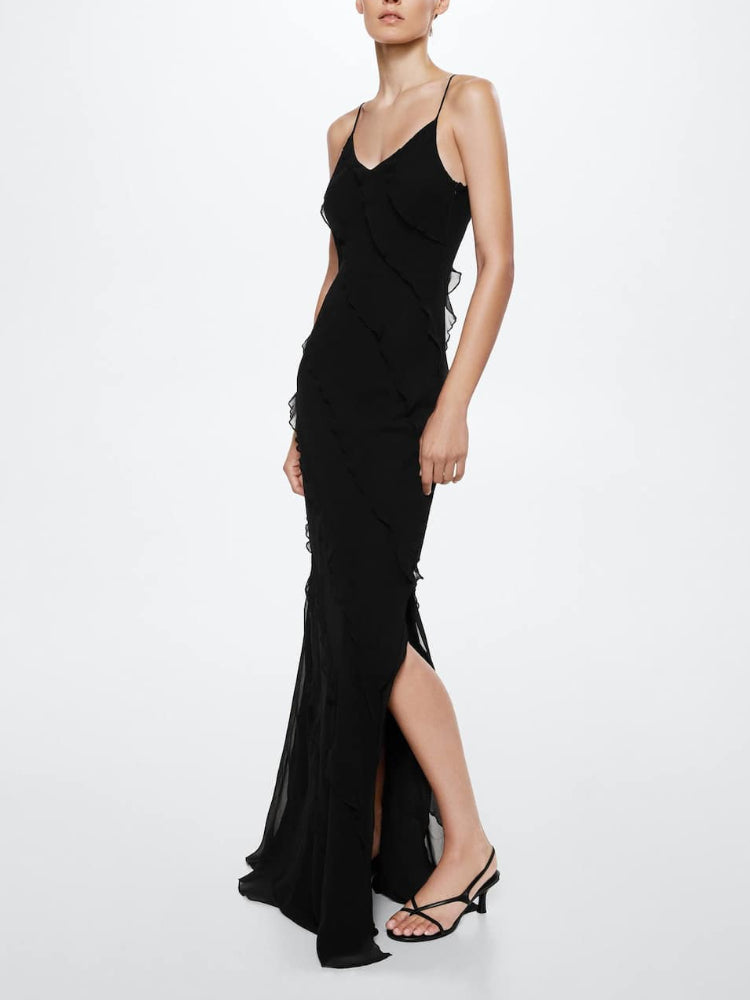 Black Side Slit Backless Maxi Dress With Ruffle Detail – Aesvs