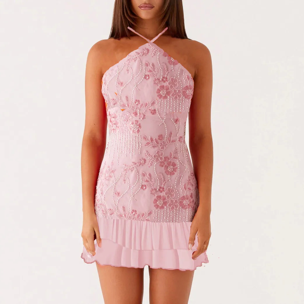 Sequin Halter Neck Frill Mini Dress – Aesvs