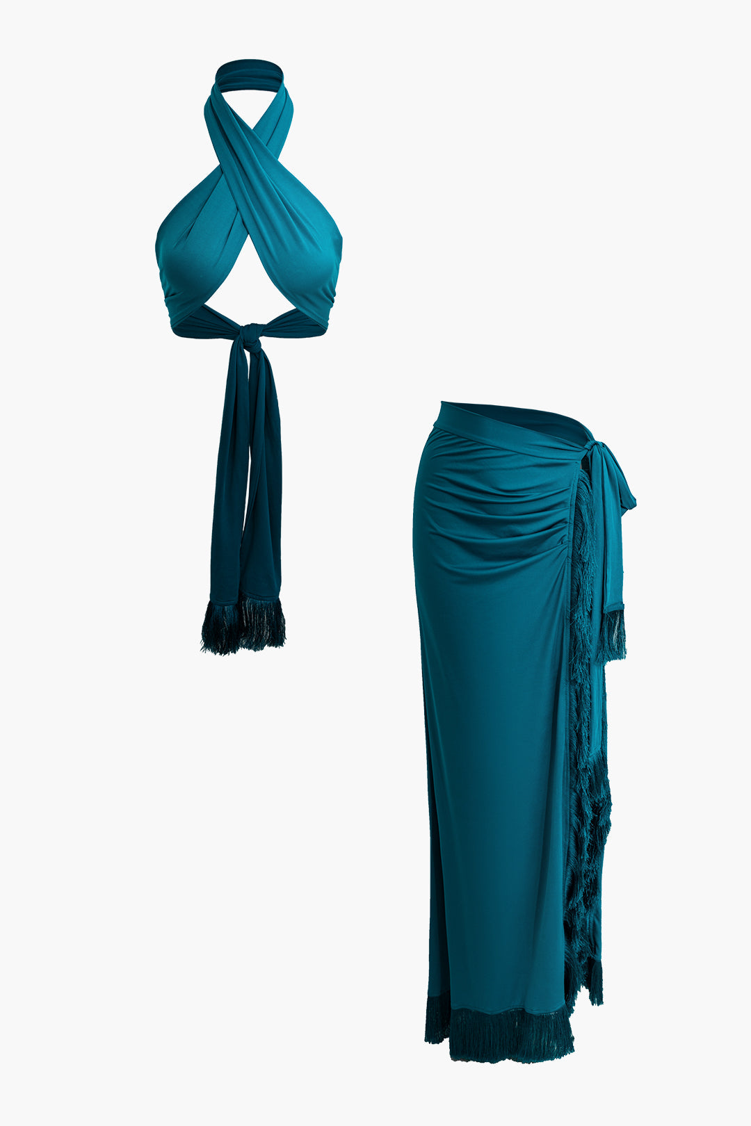 Cross Halter Knot Tassel Backless Tank Top And Split Maxi Skirt Set – Aesvs