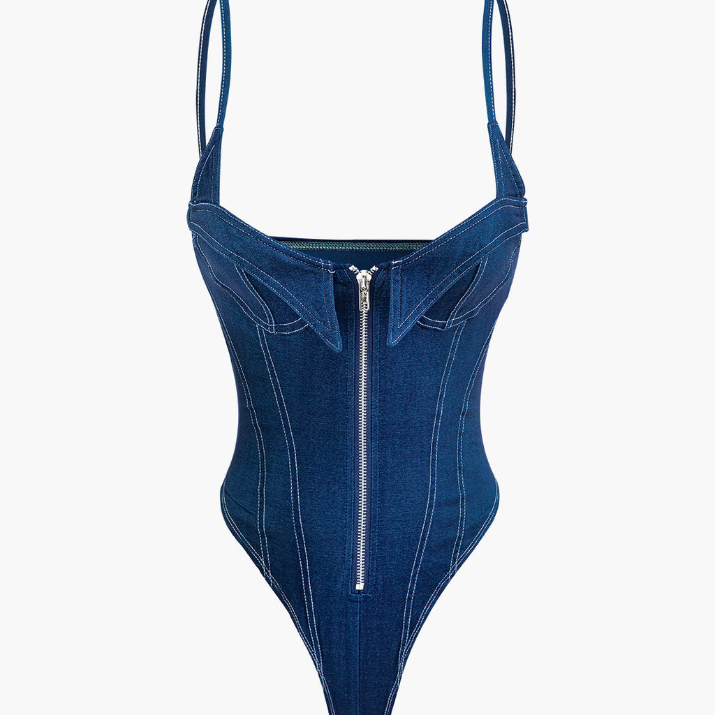 Zip Up Denim Sleeveless Bodysuit – Aesvs