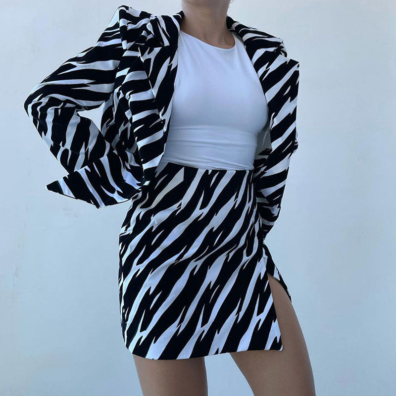 Zebra Print Blazer Split Mini Skirt Matching Set - Black – Aesvs