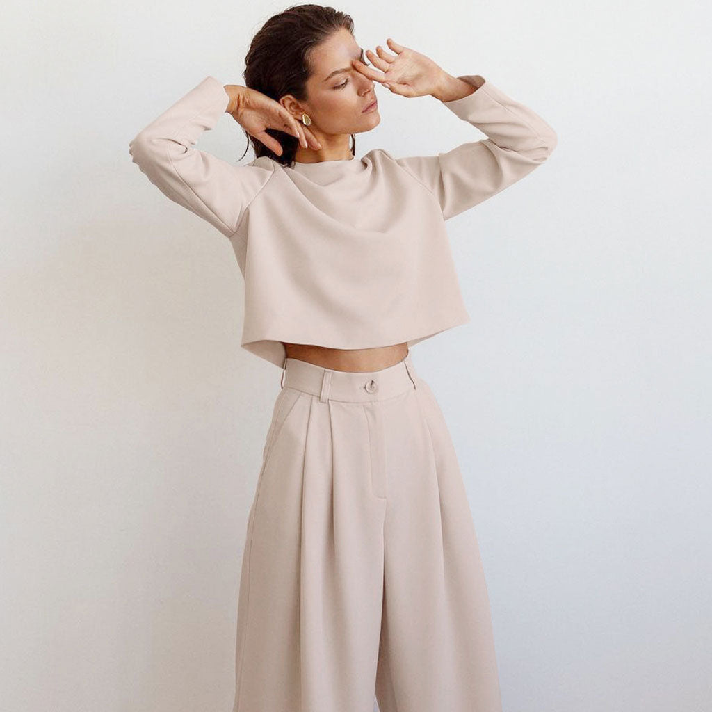 Long Sleeve Crop Top Wide Leg Pant Matching Set - Khaki – Aesvs