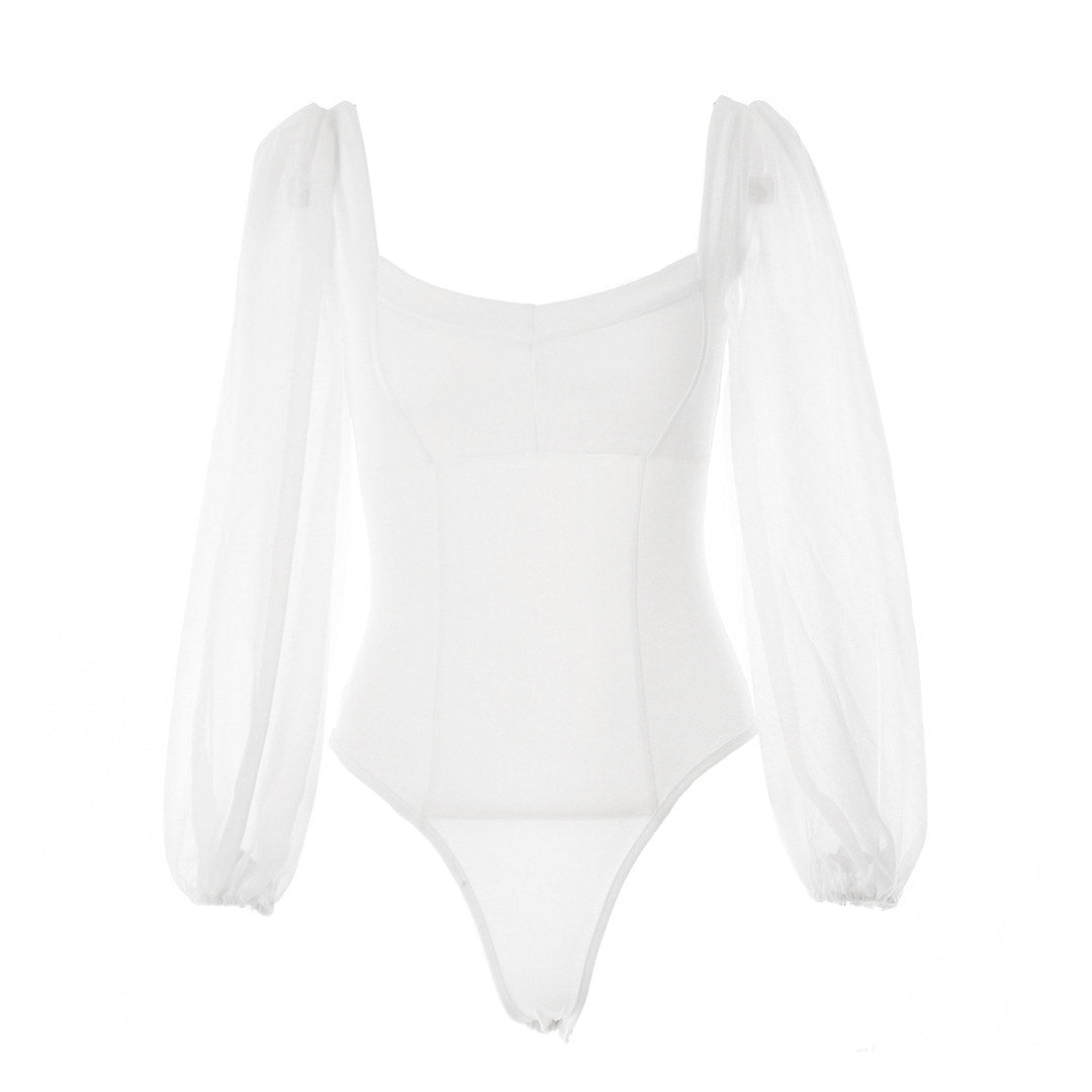 Elegant High Cut Mesh Puff Sleeves Sweetheart Bodysuit - White – Aesvs