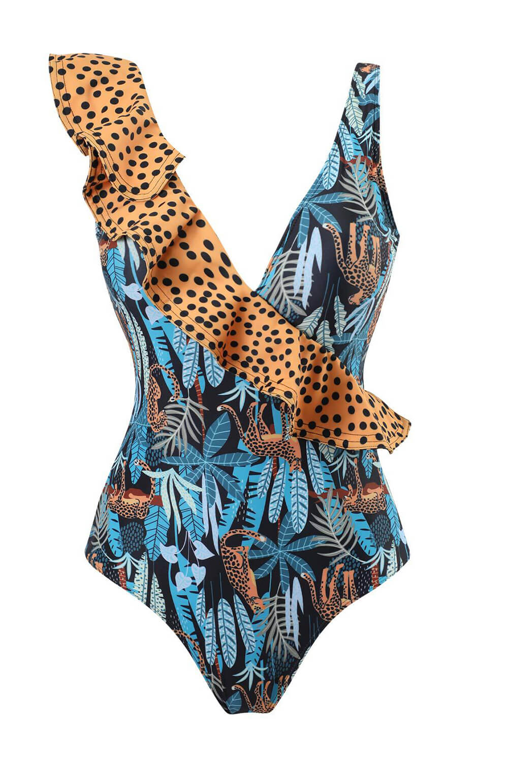 Midnight Jungle Leopard Print Frill Plunge One Piece Swimsuit – Aesvs