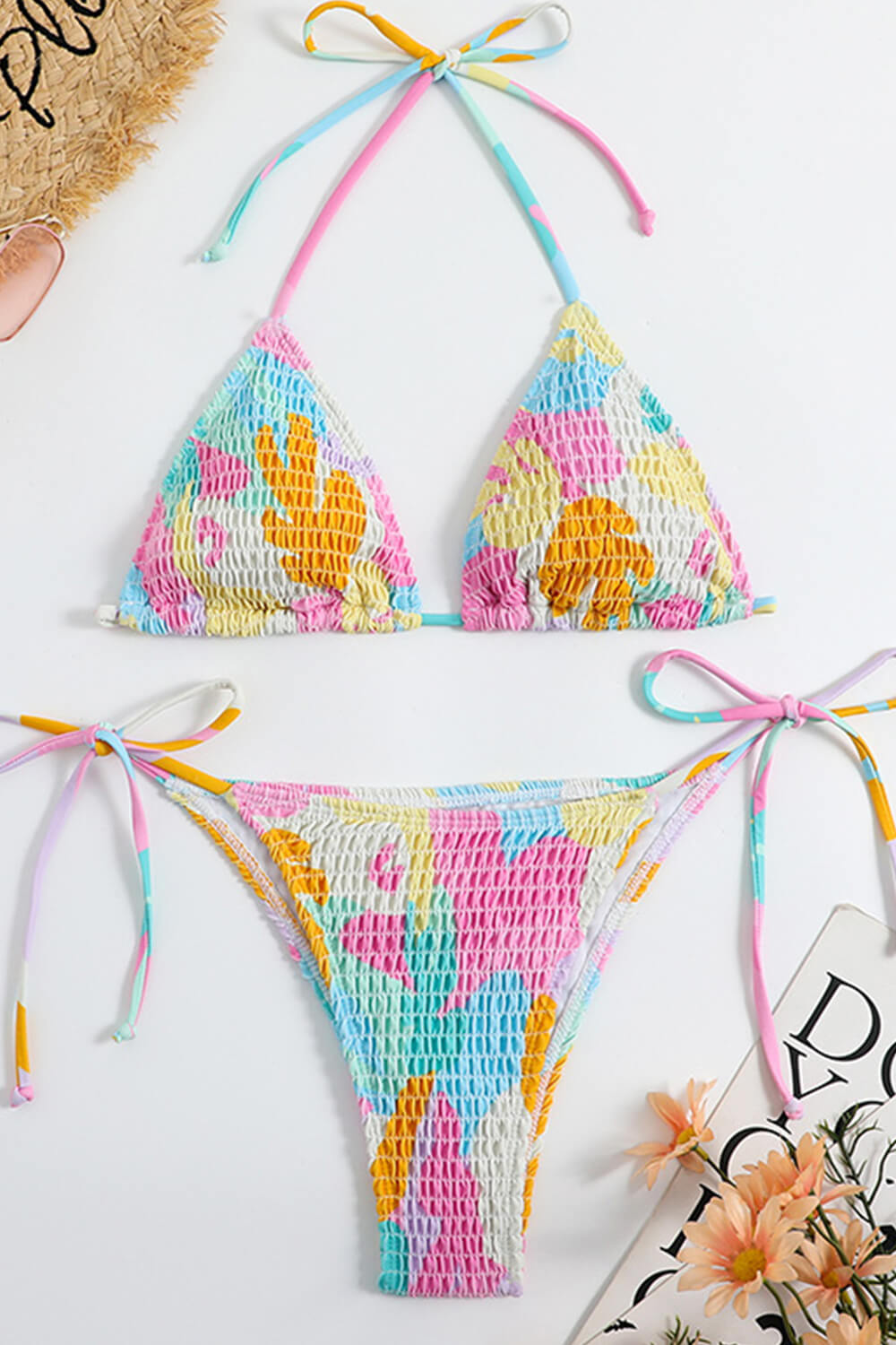 Cannes Print Crinkle Triangle Halter Tie Side Bikini Set – Aesvs