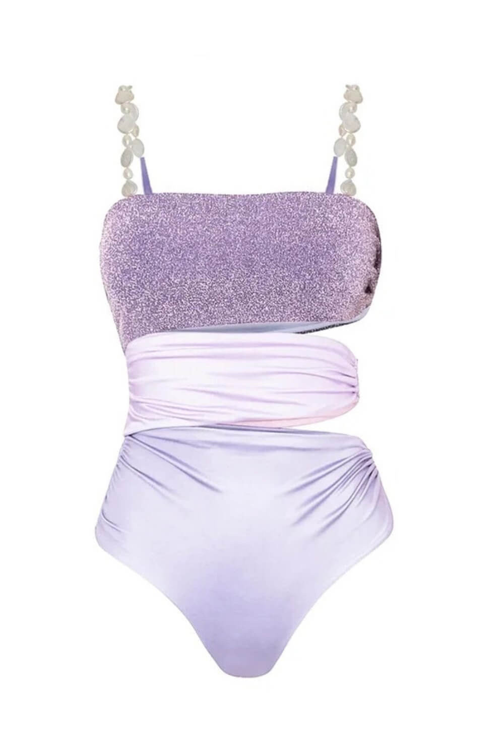 Lilac Pearl Strap Cutout Shiny Texture One Piece Swimsuit – Aesvs