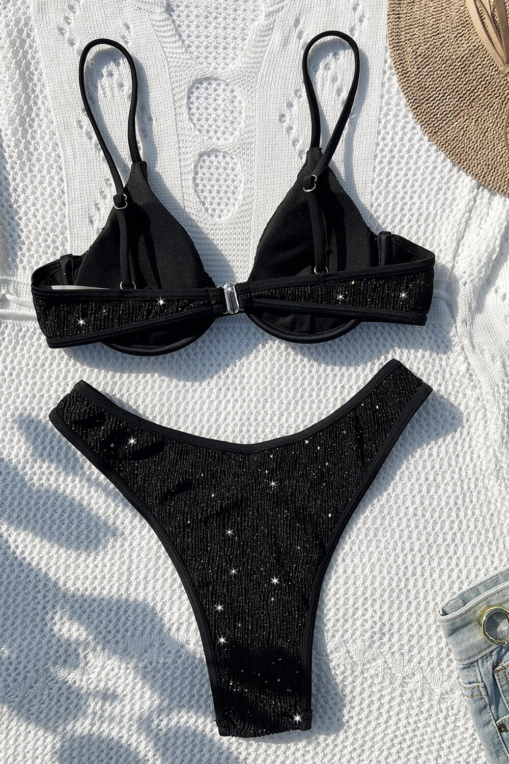 Black Sparkly Rib Underwire High-Cut Bikini Set – Aesvs