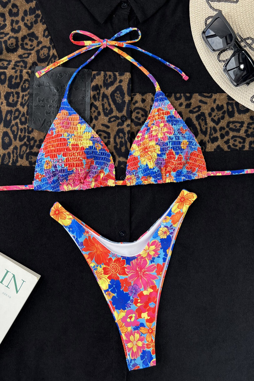Floral Crinkle Triangle Halter High Cut Bikini Set – Aesvs