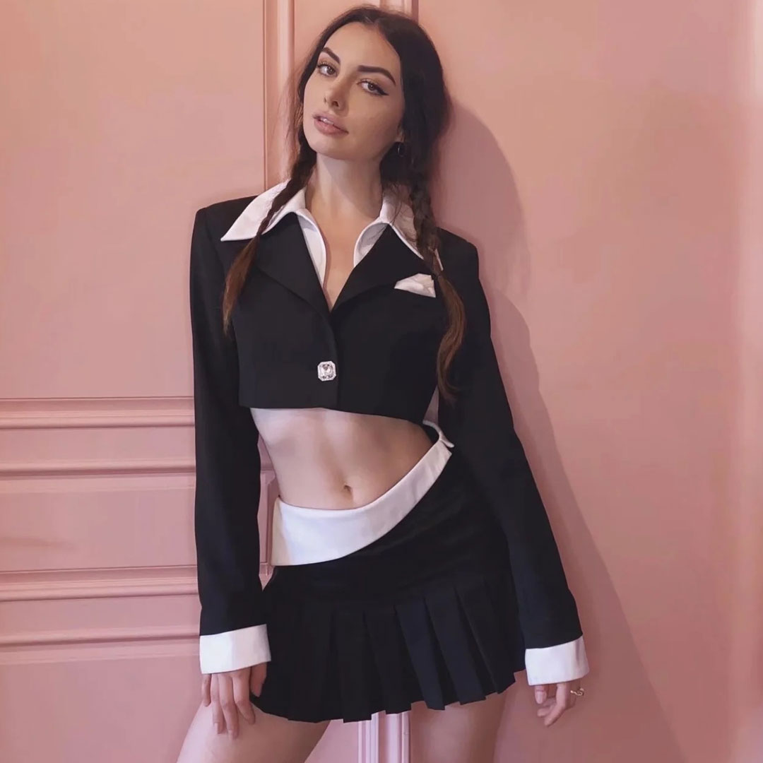 Preppy Contrast Crop Blazer Pleated Mini Skirt Matching Set - Black – Aesvs